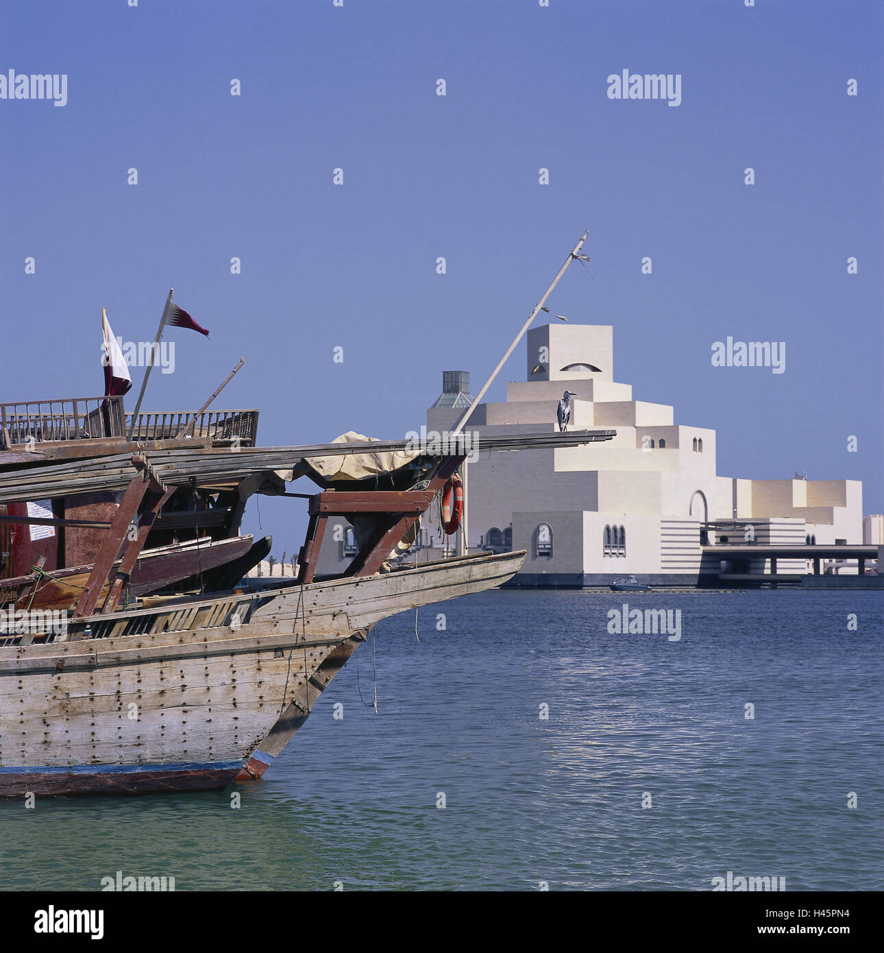 Qatar, Doha, museum for Islamic, art, harbour, boat, detail, sea ...