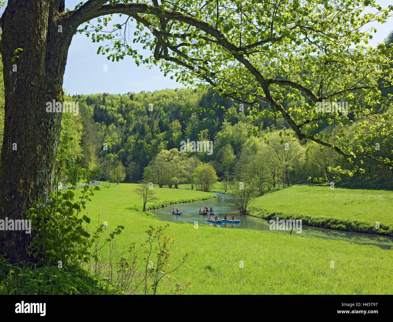 Germany, Bavaria, Gößweinstein, Wiesenttal, river, canoes, wood ...
