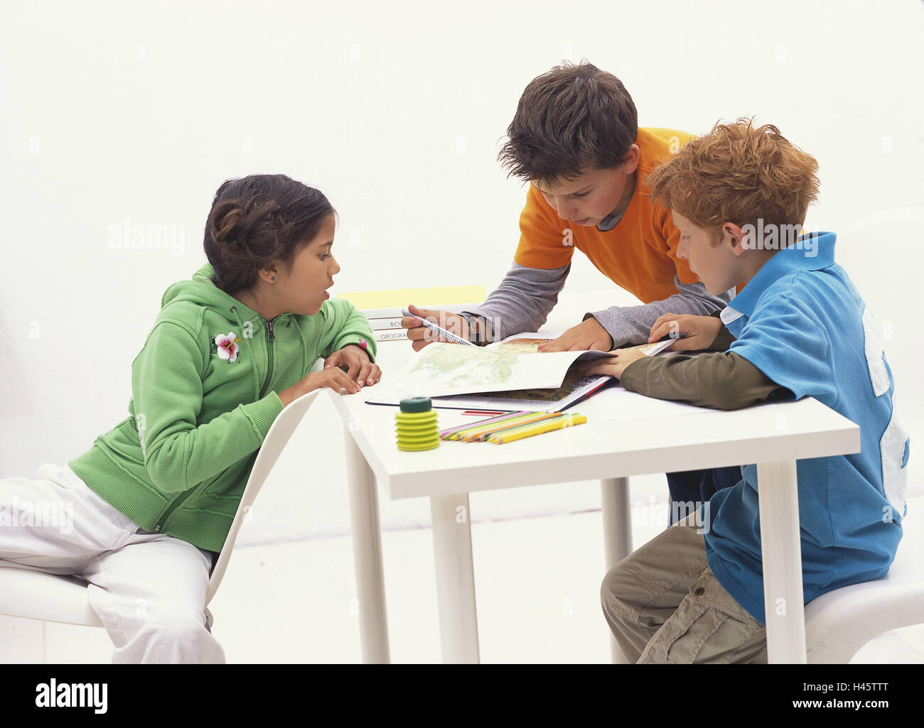Classrooms, schoolboys, atlas, scroll, together, group work, school ...