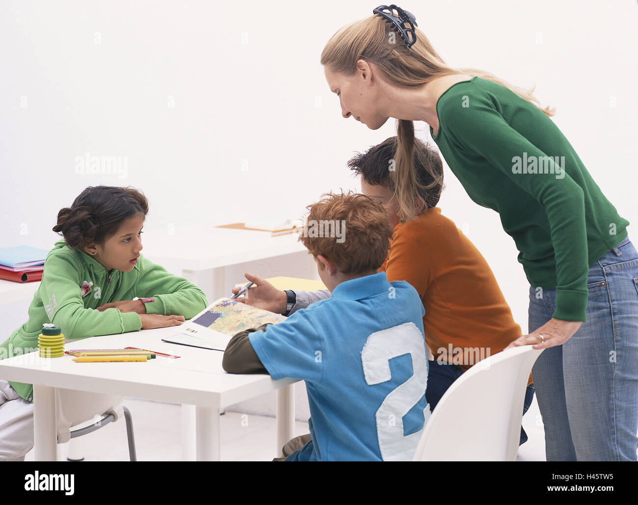 Classrooms, schoolboys, atlas, scroll, group work, teacher, school ...