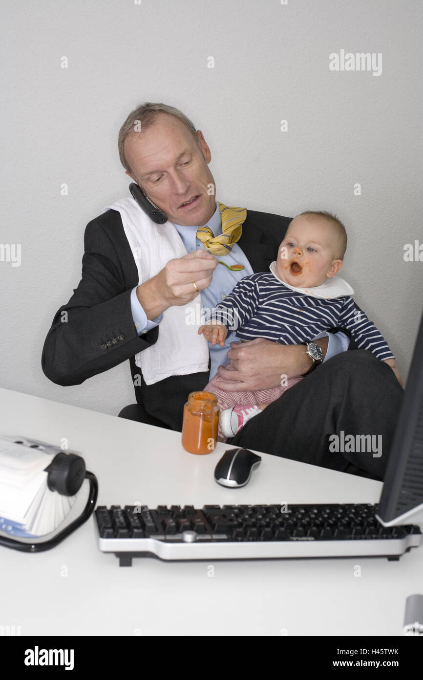 Office, man, call up, feed baby, businessman, father, child, person ...