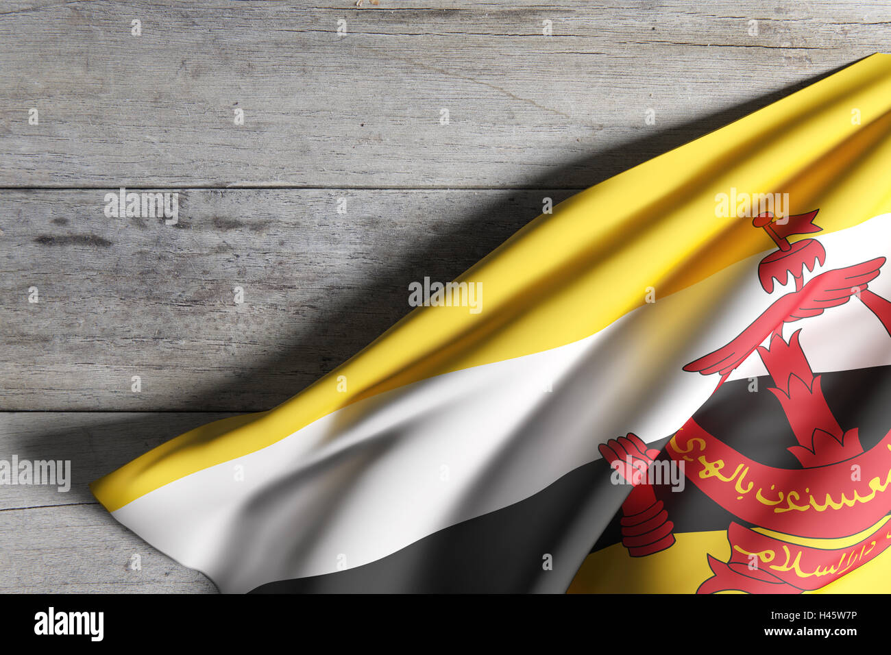3d rendering of Nation of Brunei flag waving on wooden surface Stock ...