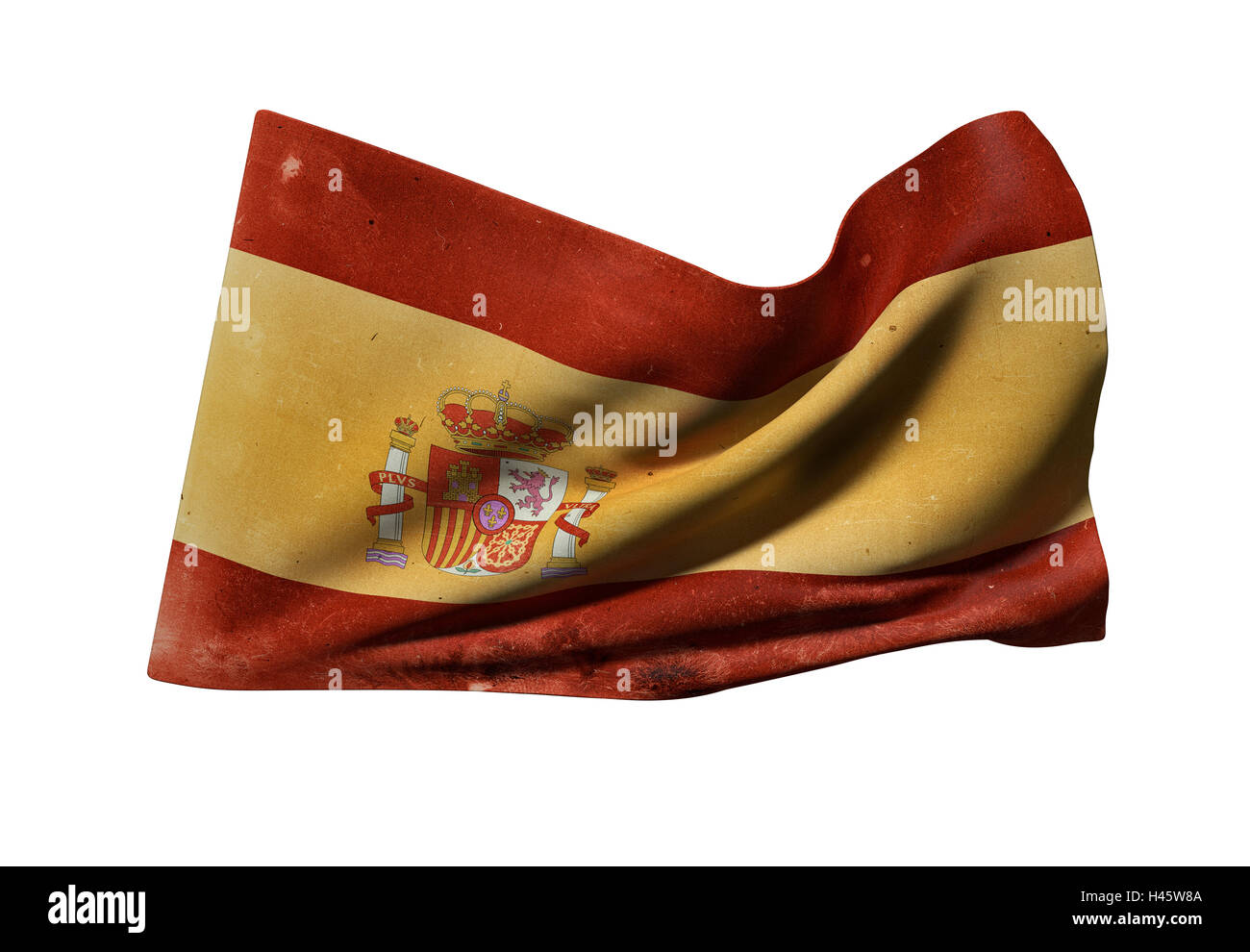 3d rendering of an old Spain flag waving on white background Stock ...