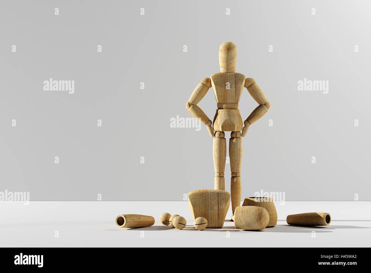 3d rendering of wooden mannequin prototype of human standing and ...
