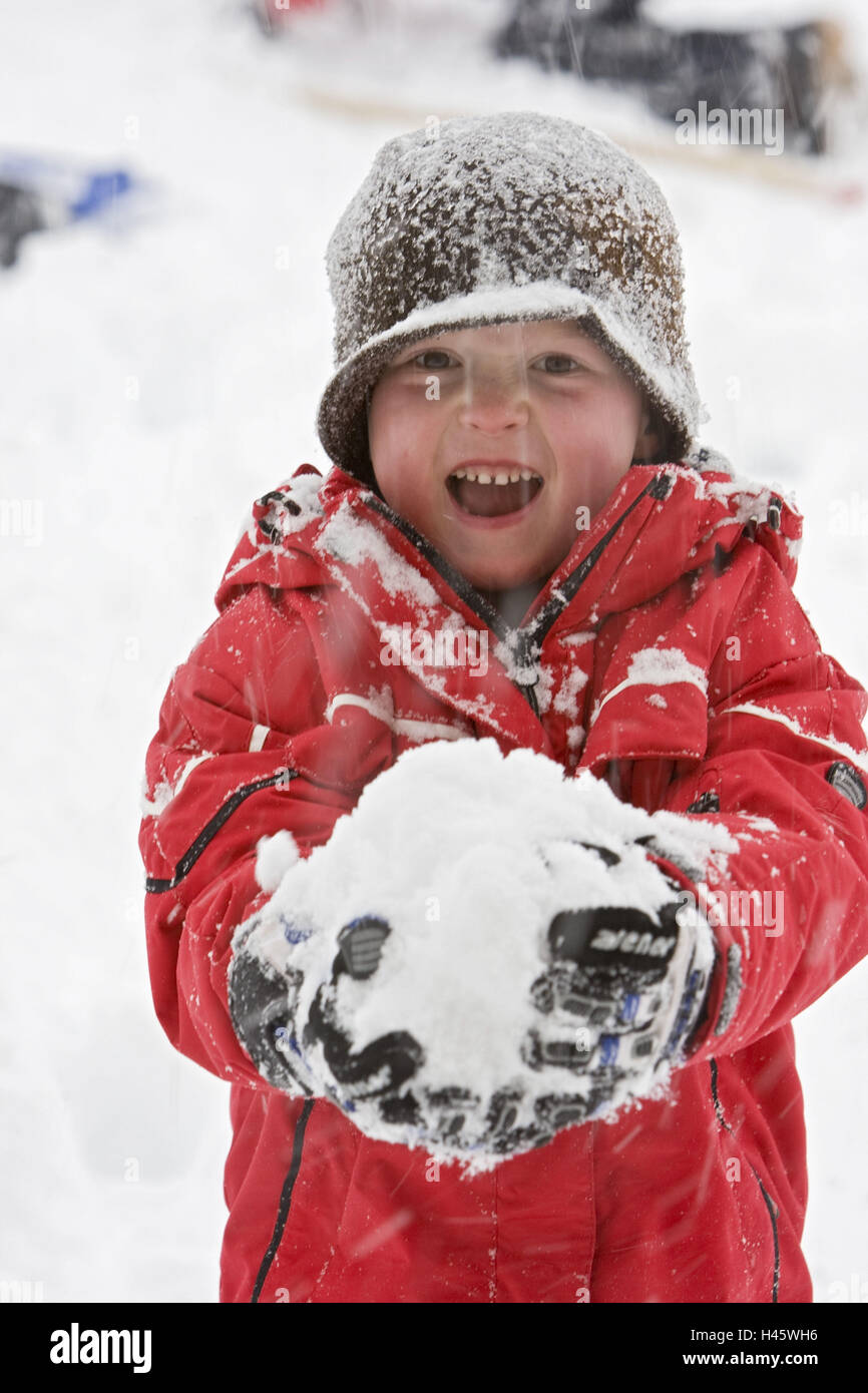 Boy, snowball, hold, half portrait Stock Photo - Alamy
