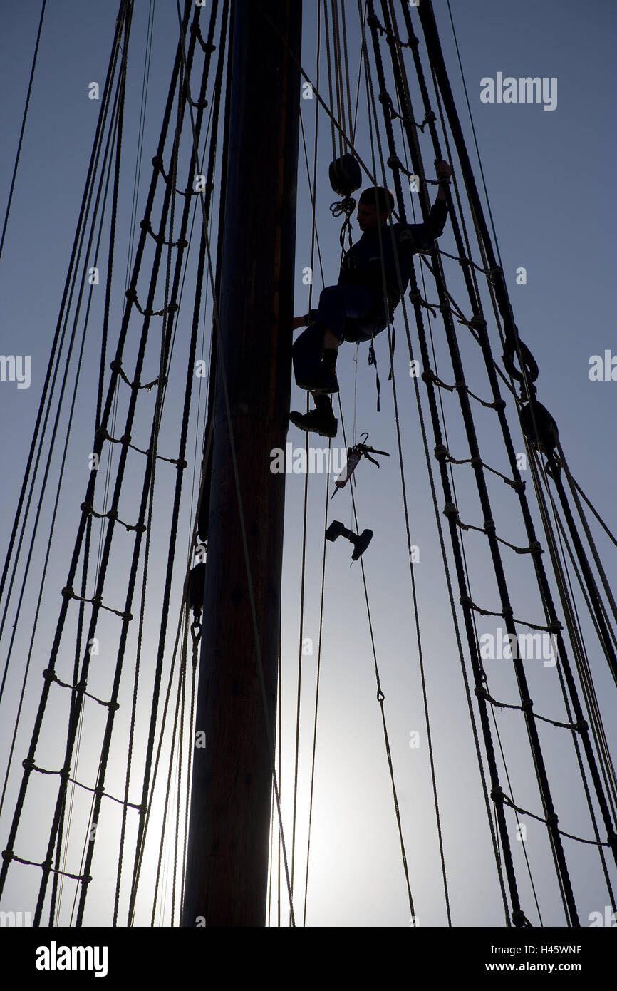 Sailing ship, detail, masts, rigging, man, silhouette, Spain, Barcelona ...