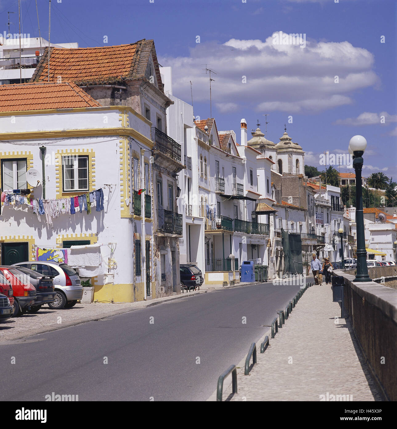 Portugal, Alcacer Th Sal, terrace, street, pedestrian, no model release ...