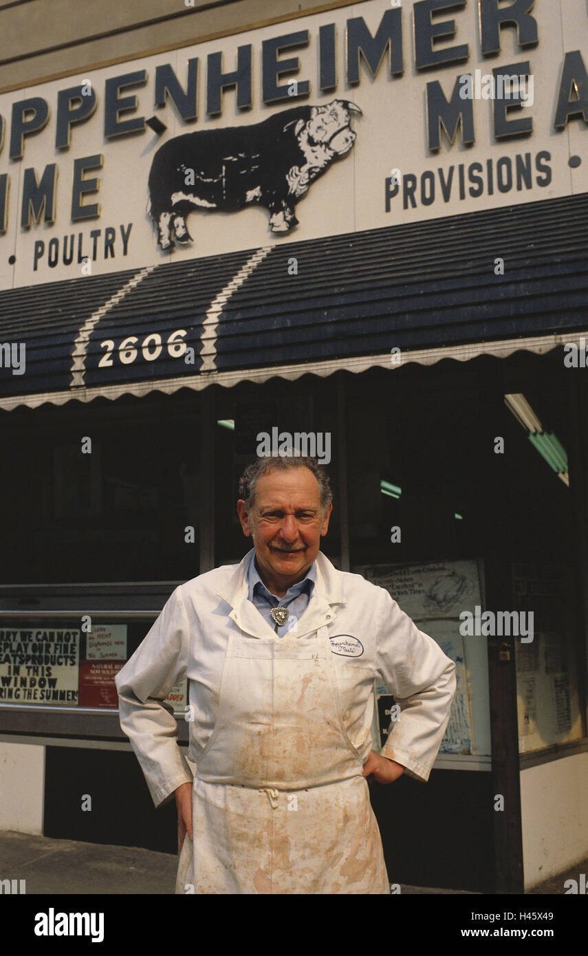 The USA, New York city, butcher shop, butcher, man, working clothing ...