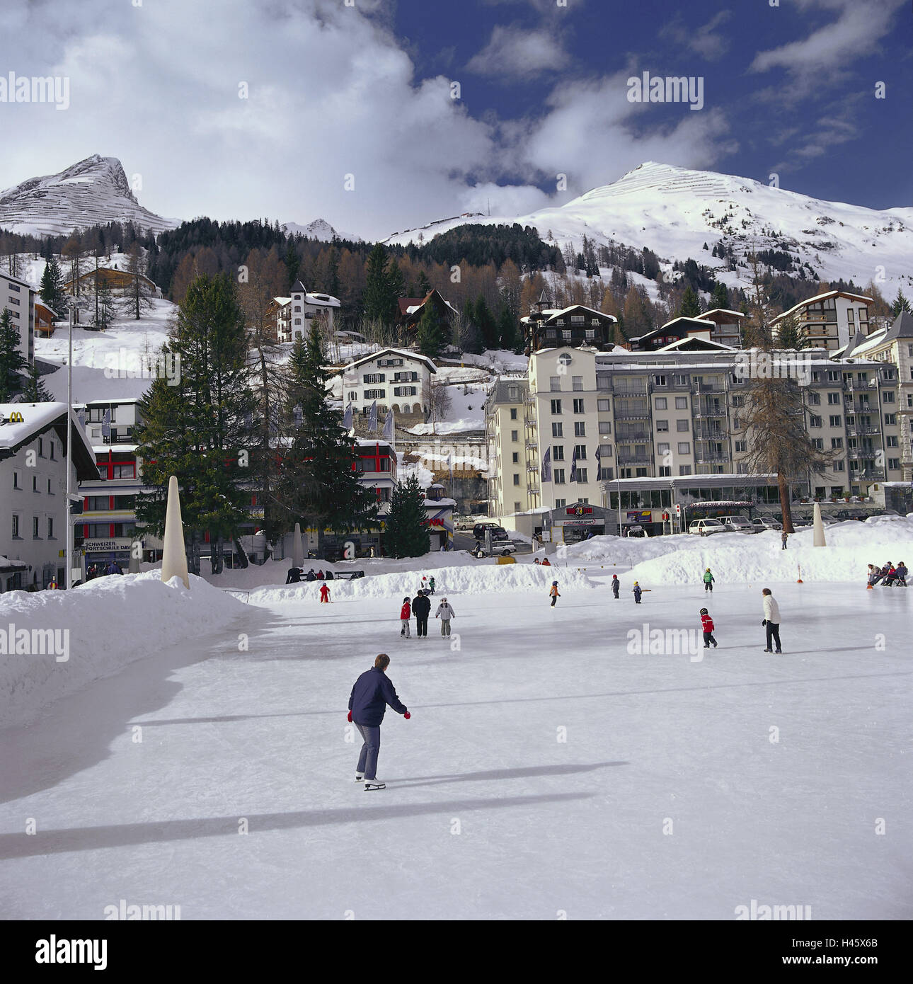 Switzerland, Graubuenden, Davos, local view, skating space, tourist ...