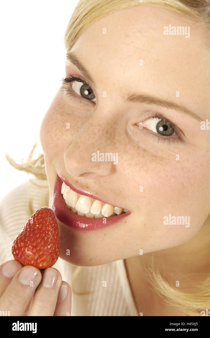 Woman, young, blond, strawberry, eat, eyes closed, portrait, close up ...