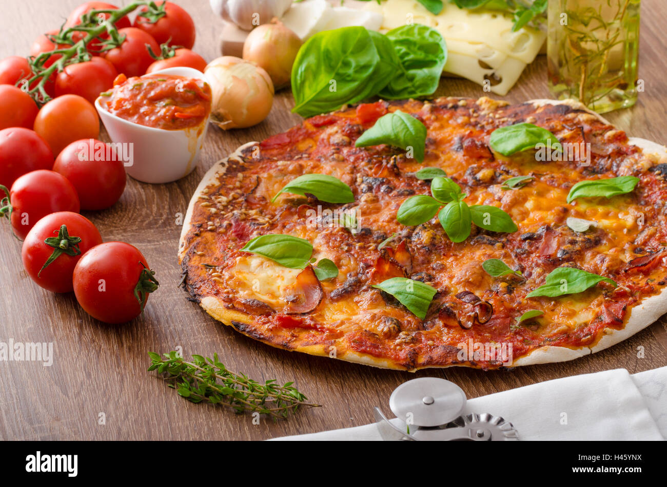 Cheese pizza with fresh tomato and chilli, basil, hot spicy sause Stock ...