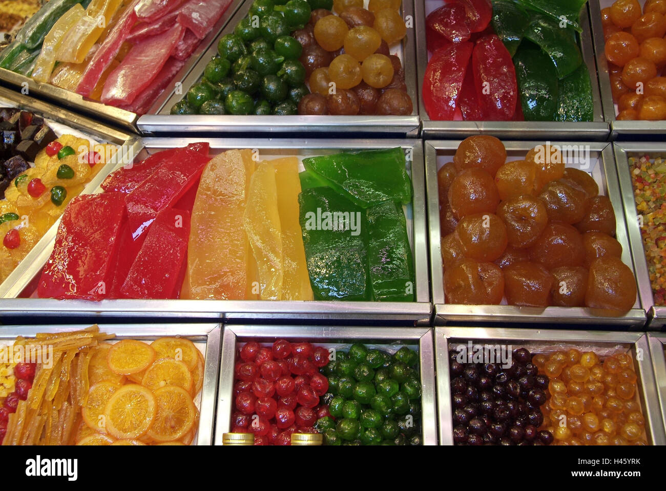 Spain, Catalonia, Barcelona, market, detail, candied fruits Stock Photo ...