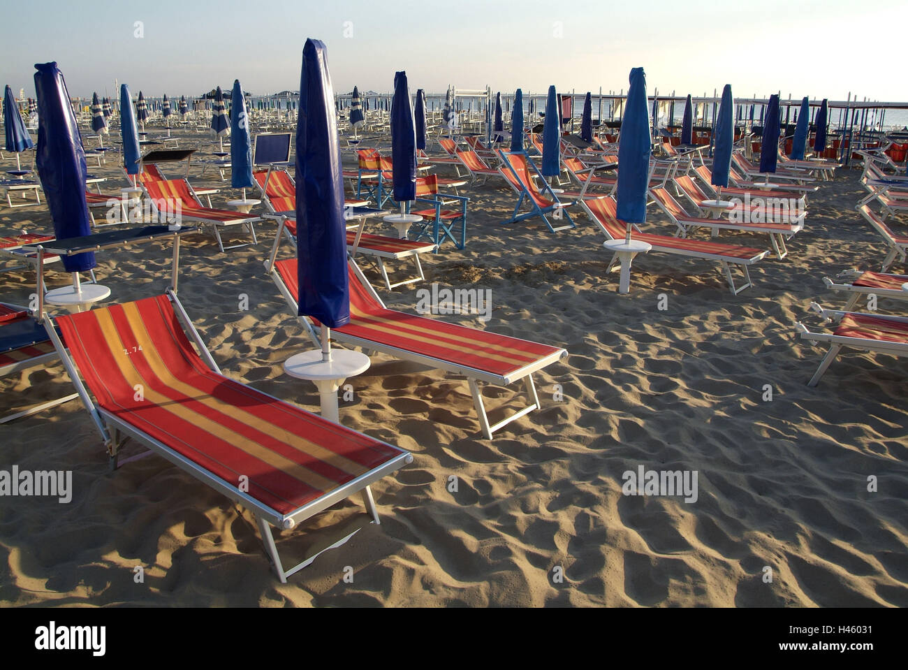 Italy, Emilia-Romagna, Adriatic, Riccione, beach, deck chairs, blank ...