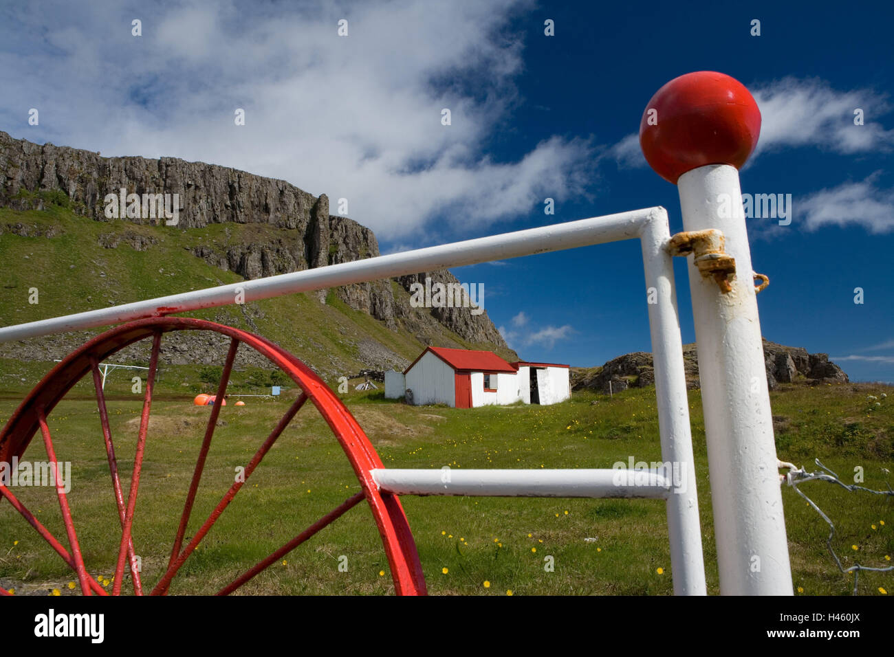 Iceland, east fjords, Breiddalsvik, scenery, mountain, meadow, building ...