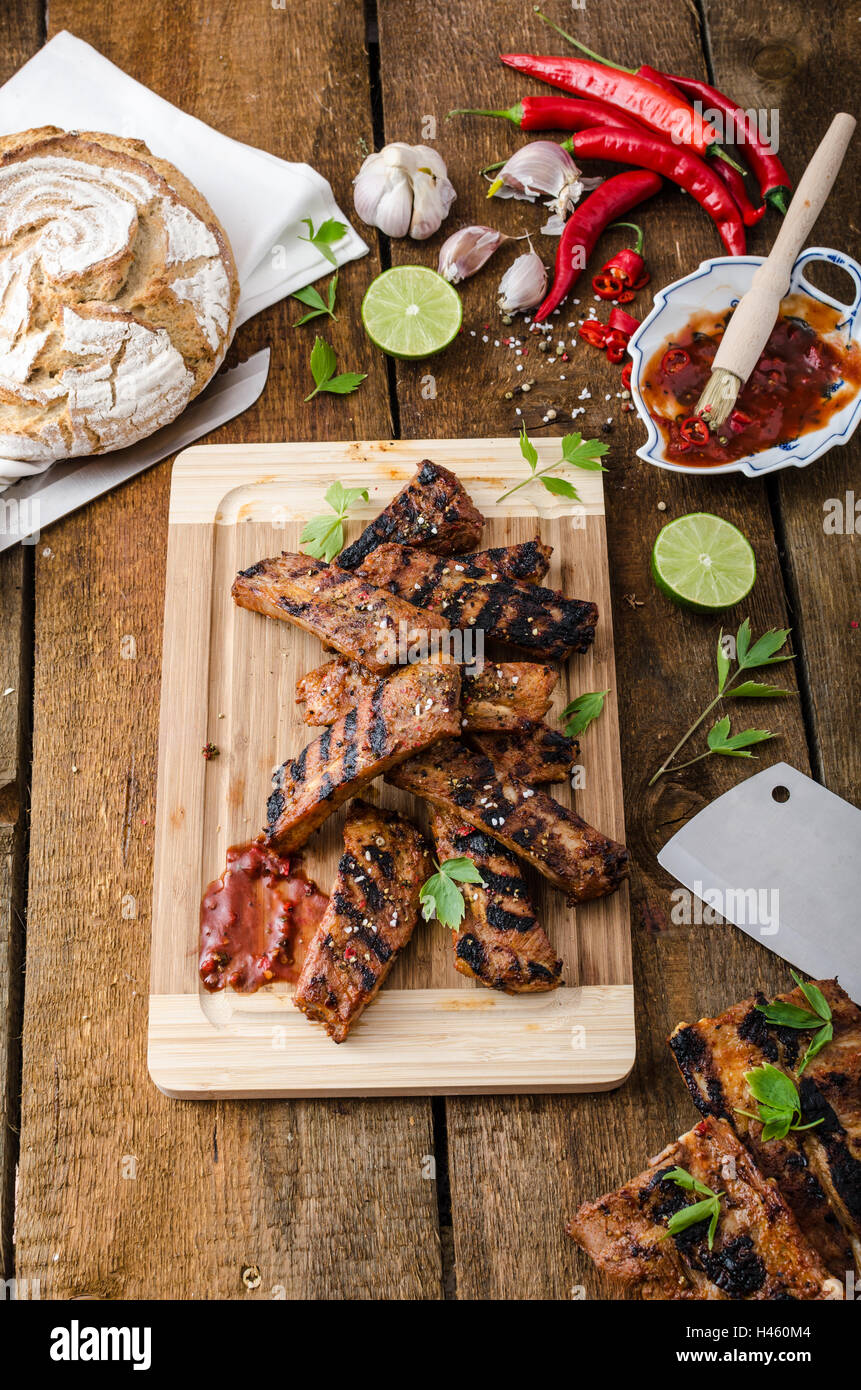 Ribs in spicy marinade with chilli, honey and beer. homemade rustic ...