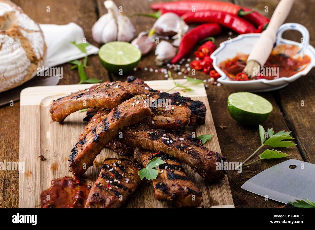 Ribs in spicy marinade with chilli, honey and beer. homemade rustic ...