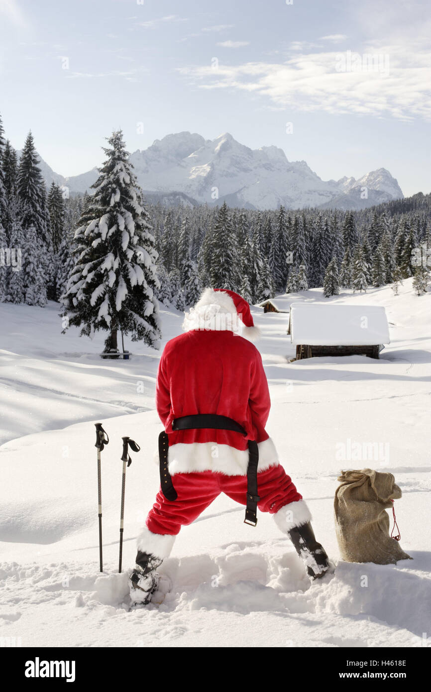 Santa Claus, winter scenery, stand, pee, urinate back view, Santa, man ...