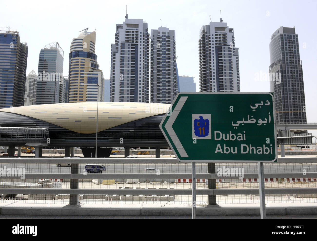 Signpost, Abu Dhabi, street, high rises, Dubai, United Arab Emirates ...