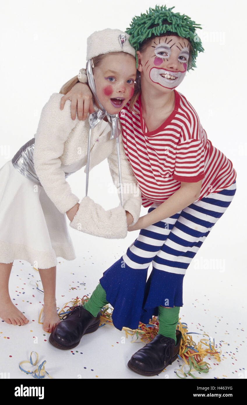 Carnival, children, two, disguise, costumes, clown, princess, pose ...