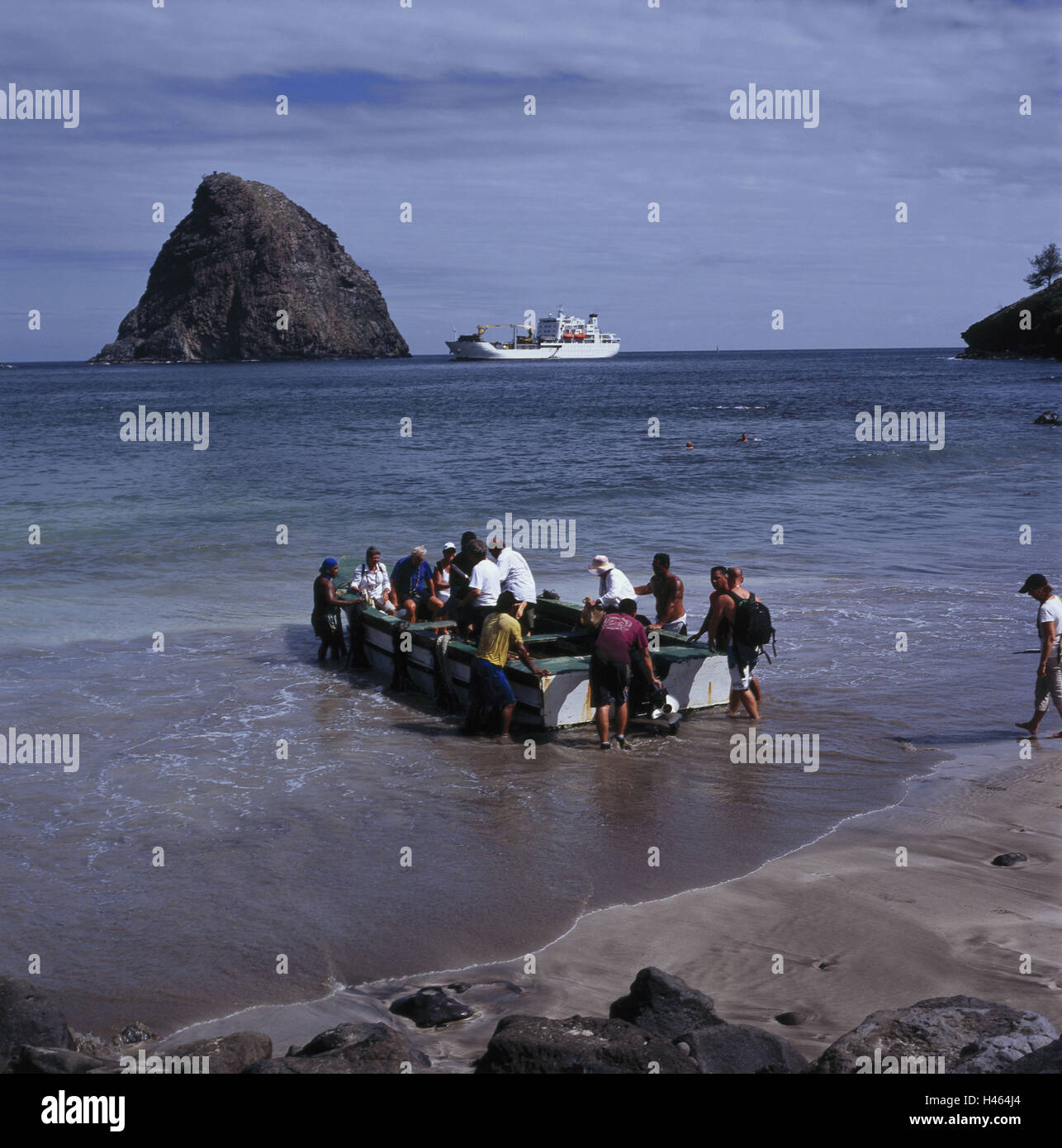 French Polynesia, Ua Huka, Baia Tu Hane, beach, motorboat, tourist ...