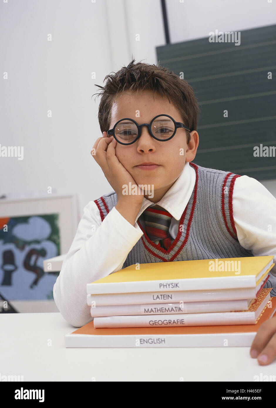 School, classroom, boy, glasses, head rest on, bored, book batches ...