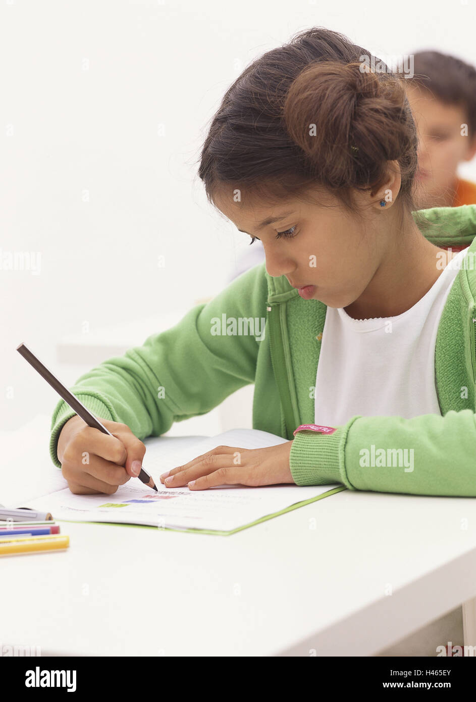 School, classroom, girl, pen, notebook, write, concentrates, portrait ...