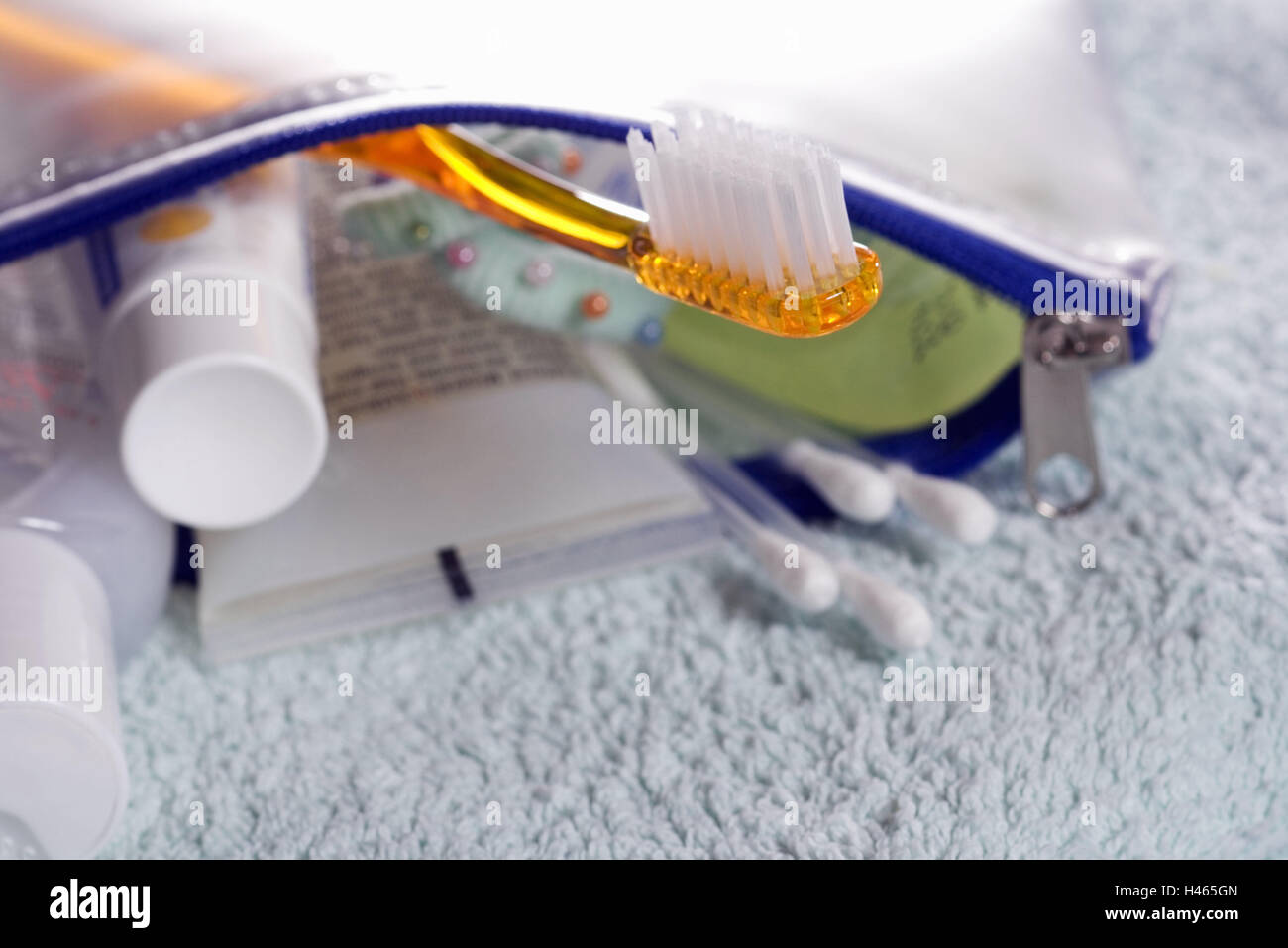 Sponge bags, opened, cosmetics article, toothbrush, medium close-up ...