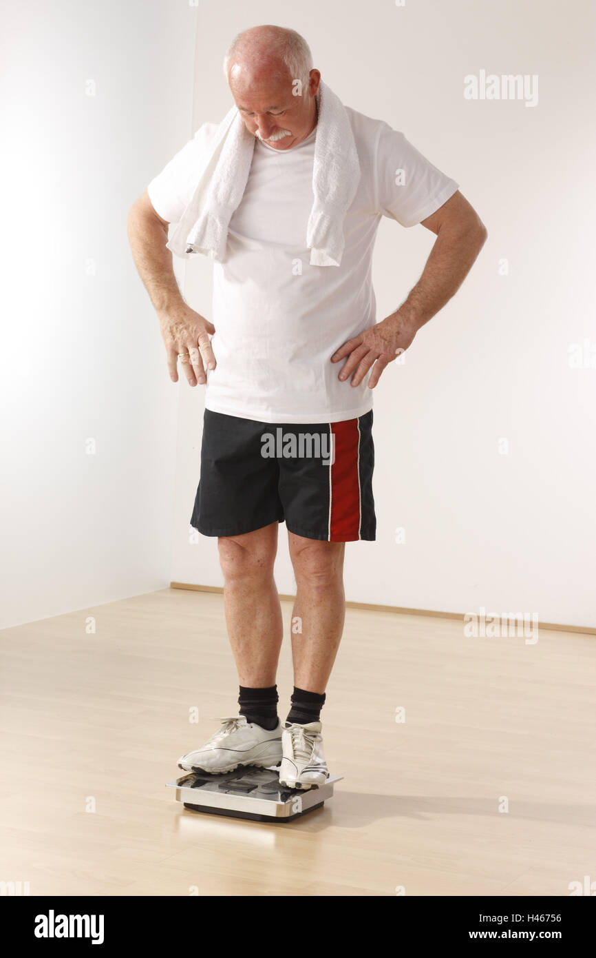 Senior, sport, fitness, scales, stand, doubtful Stock Photo - Alamy