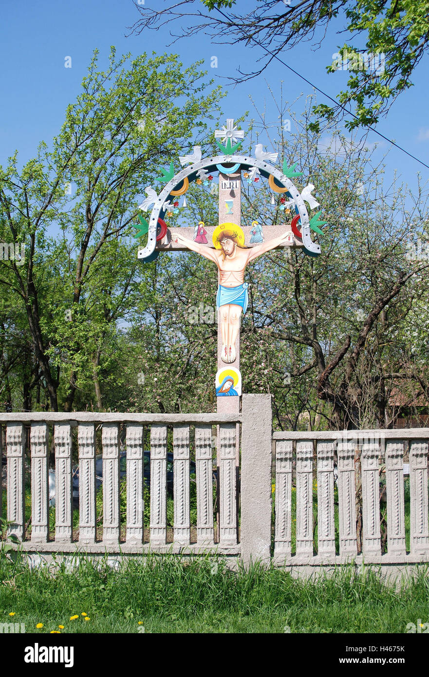 Fence, cross, Jesus, meadow, trees, green, Romania, rural, Cluj-Napoca ...