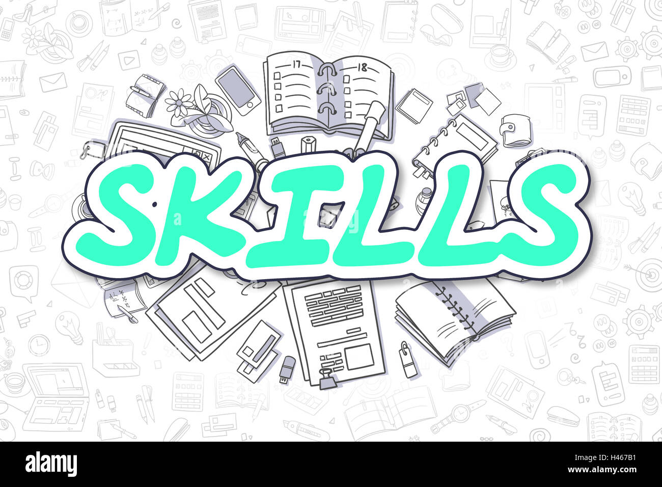 Skills - Cartoon Green Word. Business Concept Stock Photo - Alamy