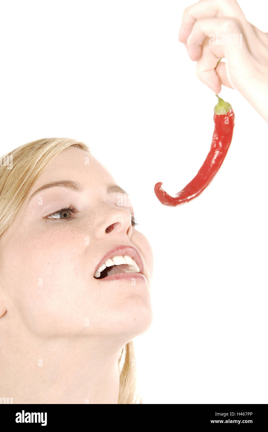 Woman, young, blond, chilli, eat, portrait, curled Stock Photo - Alamy