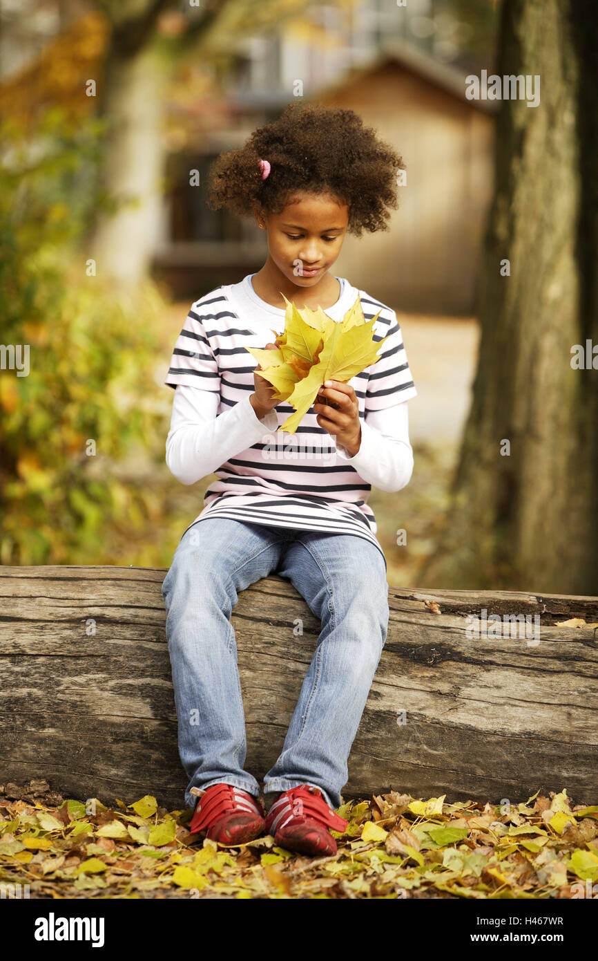 Girl, dark-skinned, tree trunk, sitting, fall foliage, hold, model ...