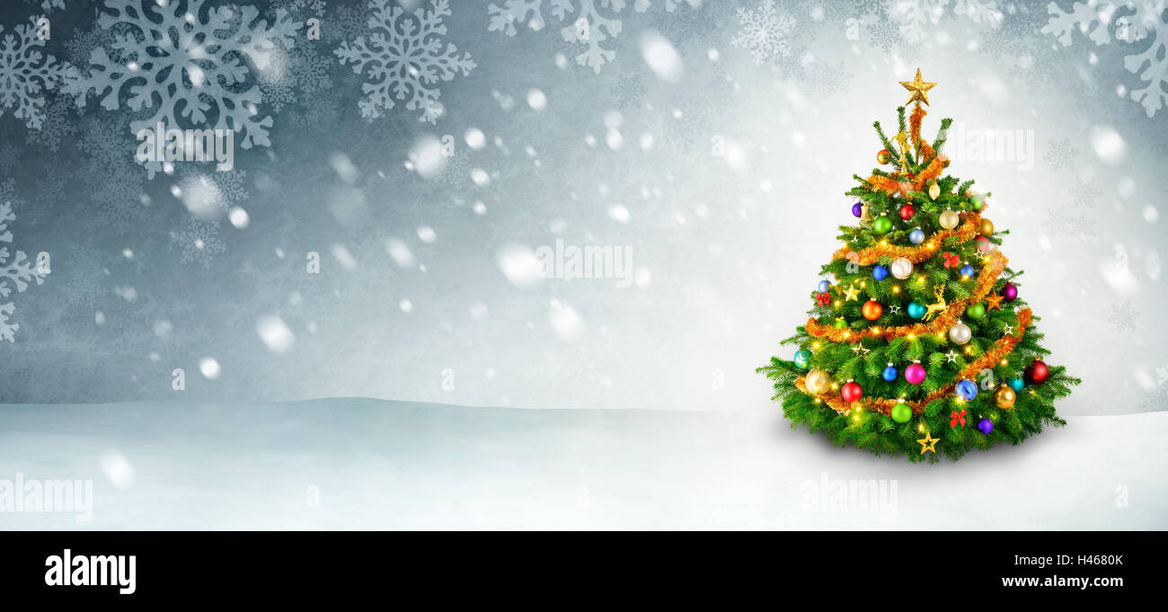 Colorful shiny Christmas tree on a panoramic snow background with copy ...