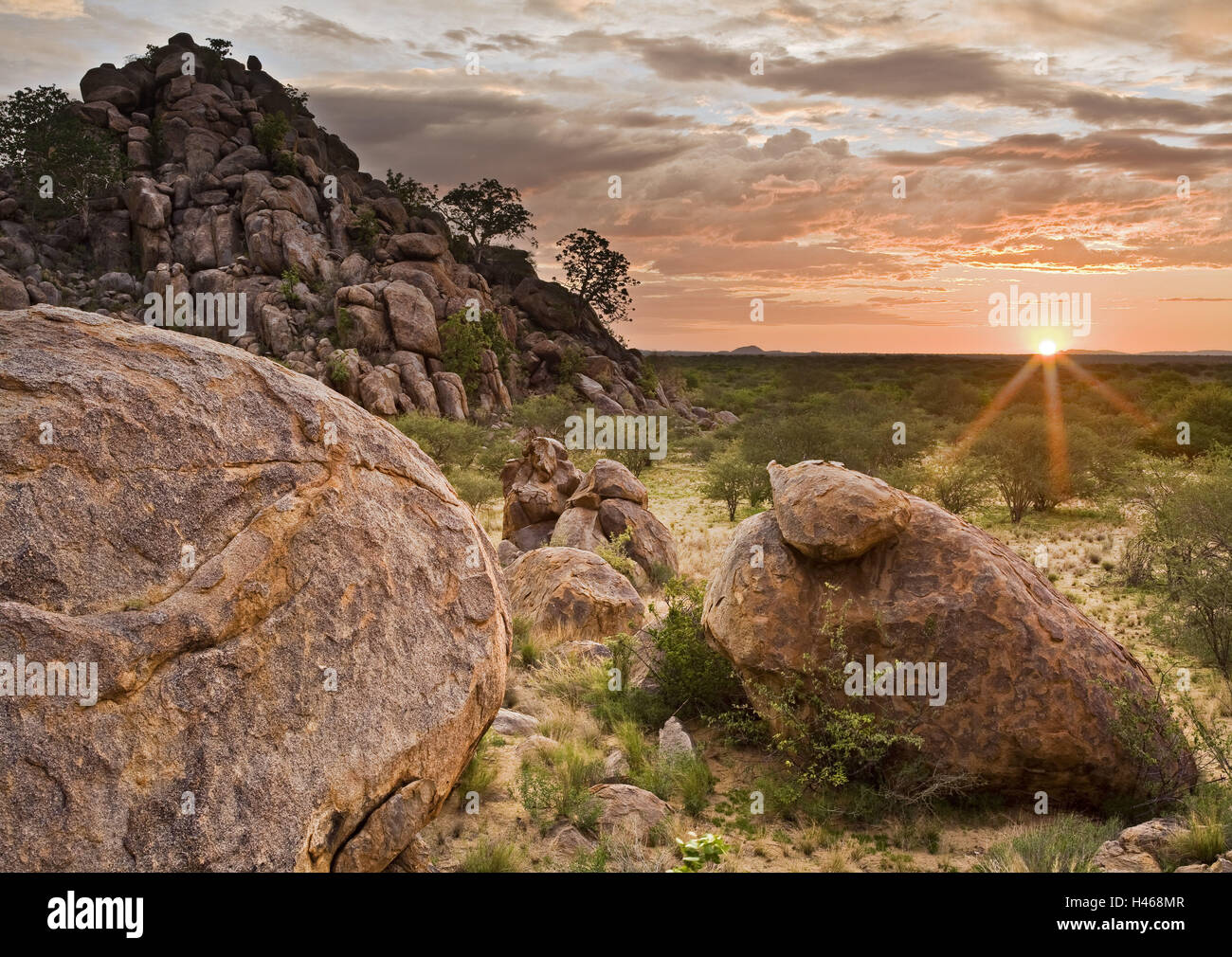 Africa, Namibia, Omaruru, savanna, rocks, sunrise, plain Stock Photo ...