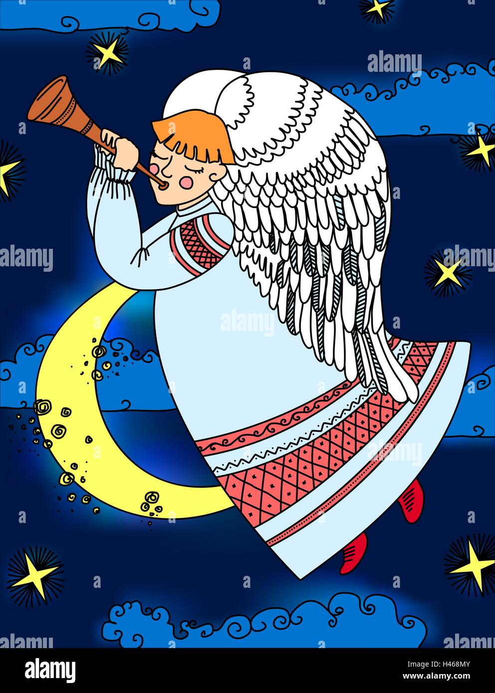 Angel with a flute flying on the background of blue sky and clouds ...