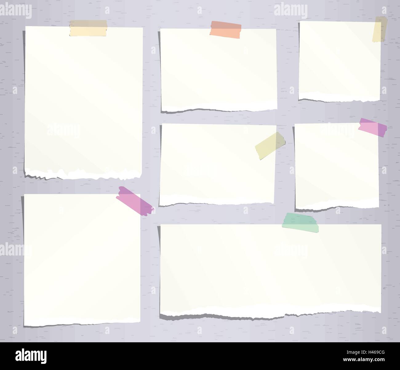 Pieces of beige ripped note, notebook paper sheets with colorful ...
