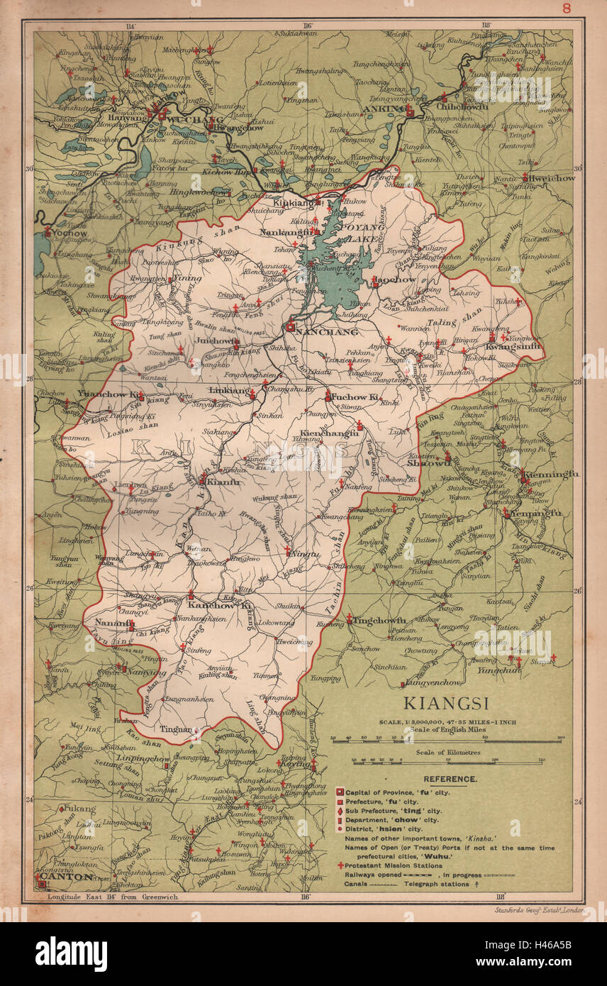 Kiangsi (Jiangxi) China province map. Nanchang. STANFORD 1908 old ...