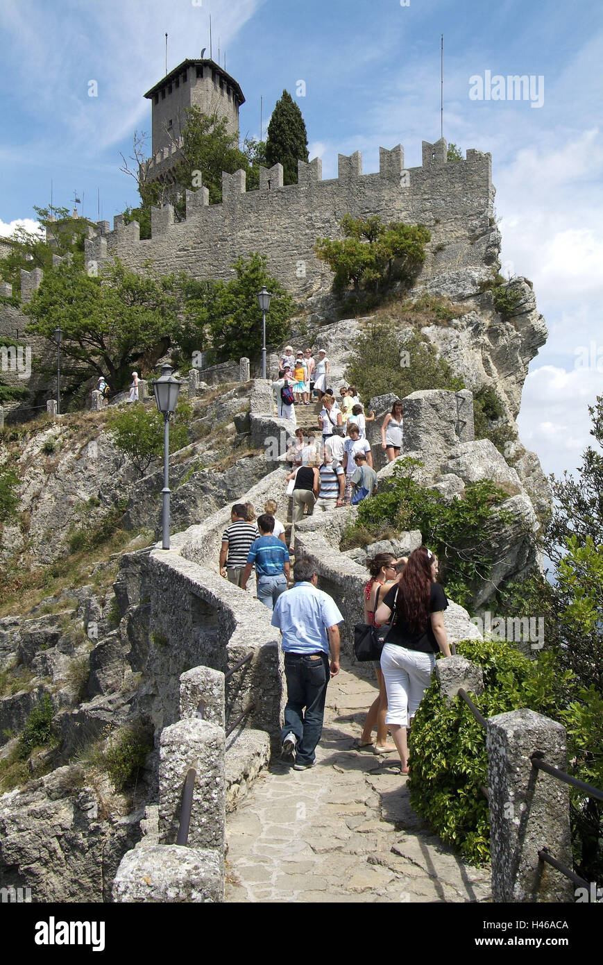 San Marino, Monte Titano, fortress La Guaita, stairs, visitors Stock ...