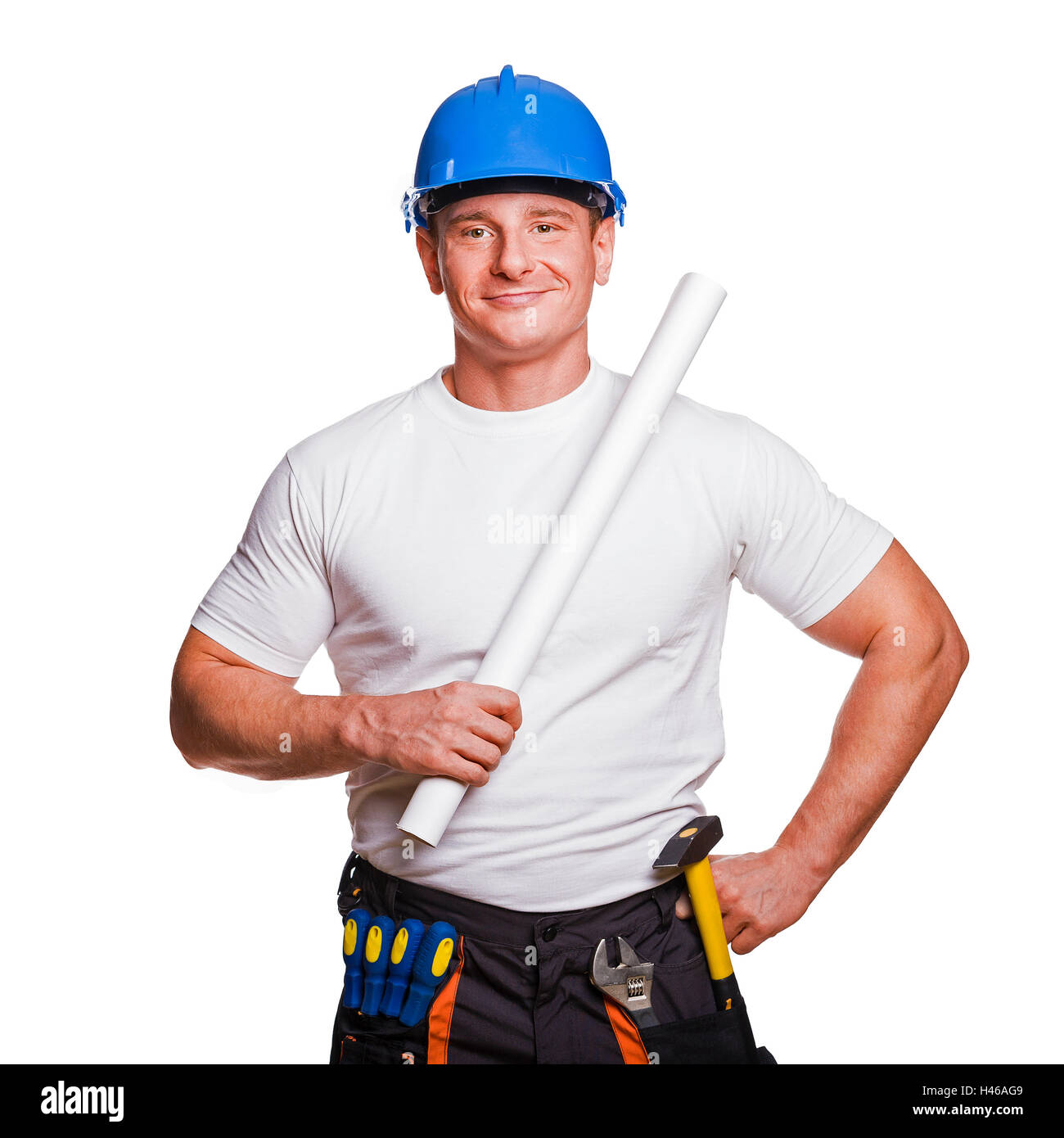 smiling handyman on white background fine portrait holding plans Stock ...