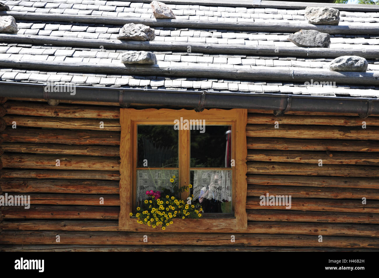 wooden hut, window, hut, wooden, facade, shingle roof, outside, flowers ...