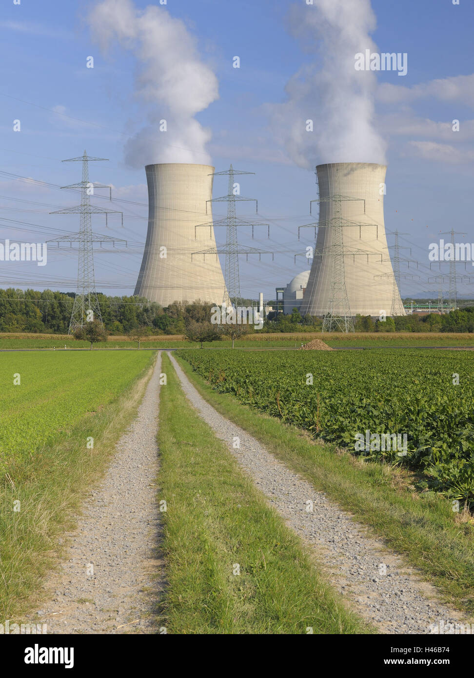 Nuclear power plant, country lane, power poles Stock Photo - Alamy