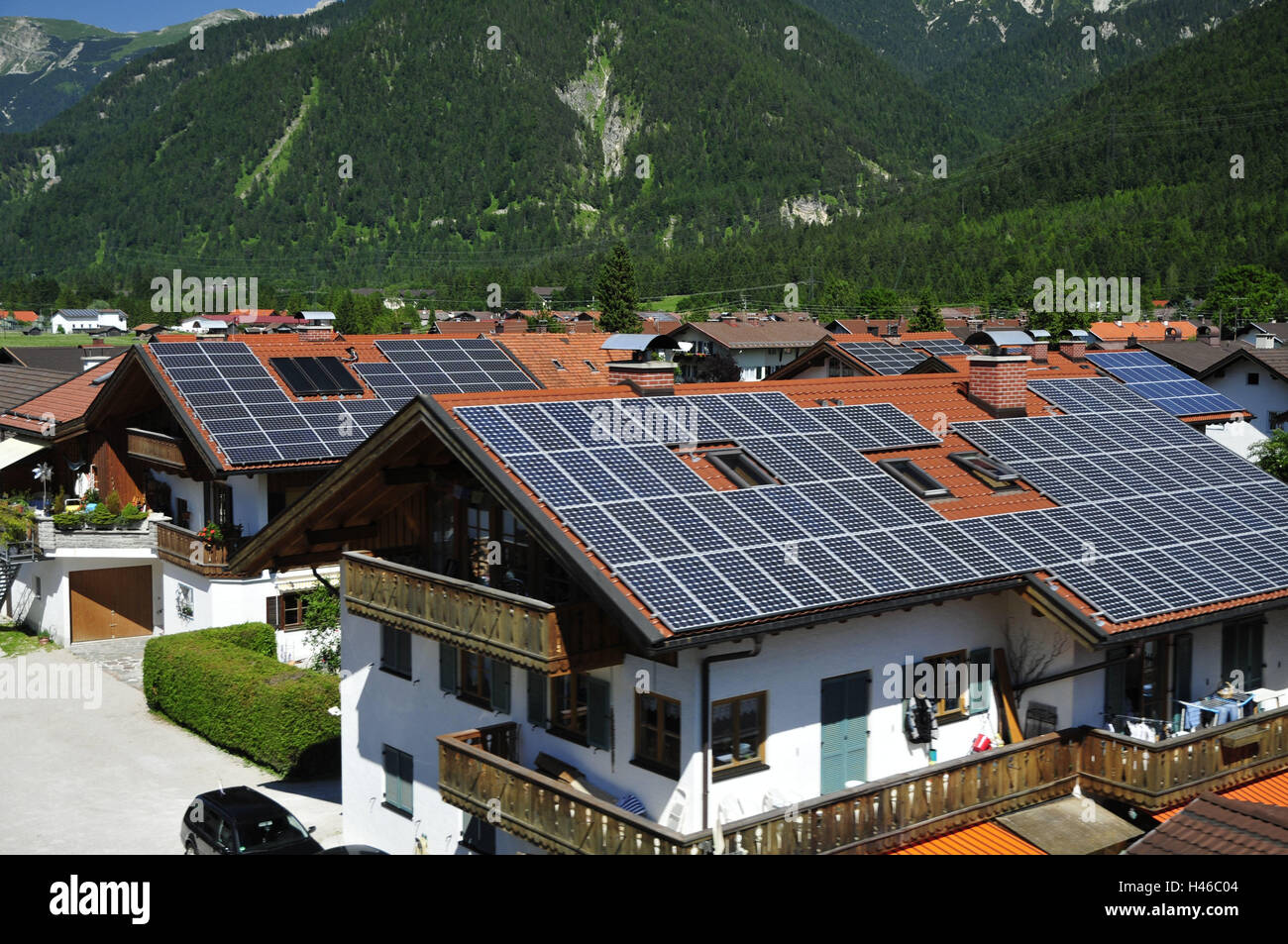 Germany, Bavaria, Mittenwald, residential houses, solar roofs, Upper ...