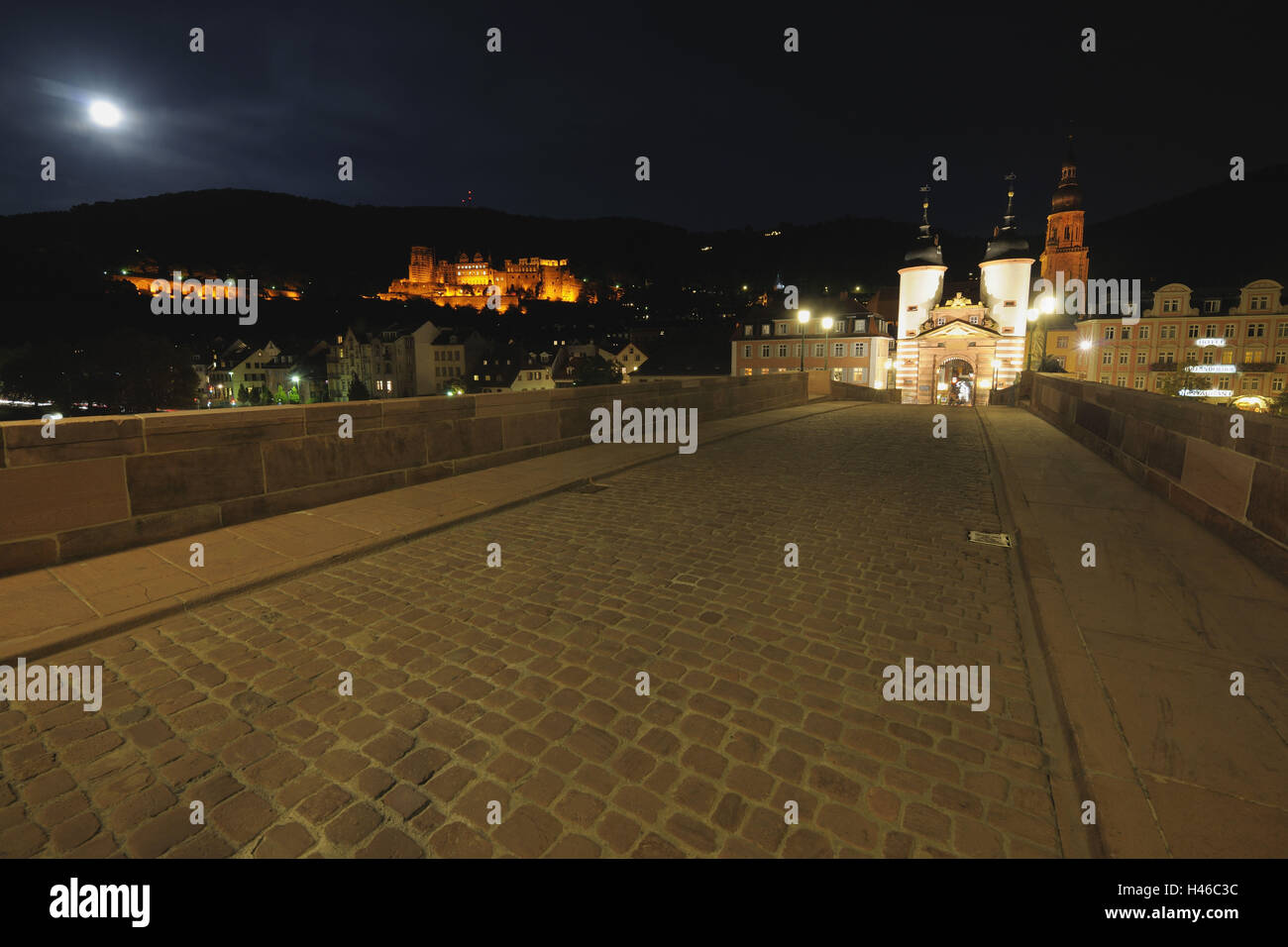 Old bridge, night, moon, bridge goal, town, Heidelberg, Baden ...