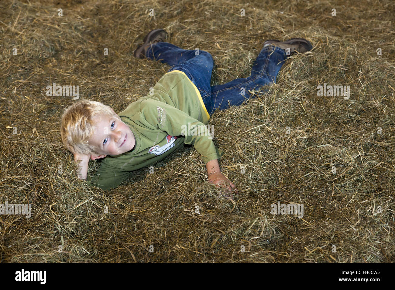 Boy, hay, lie, view camera, smile, hayloft, person, child, hayloft, boy ...