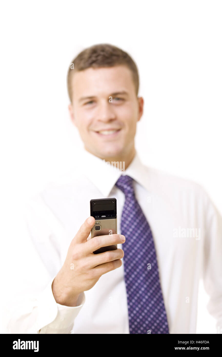 Businessman, mobile phone, smile, portrait, background blur Stock Photo ...