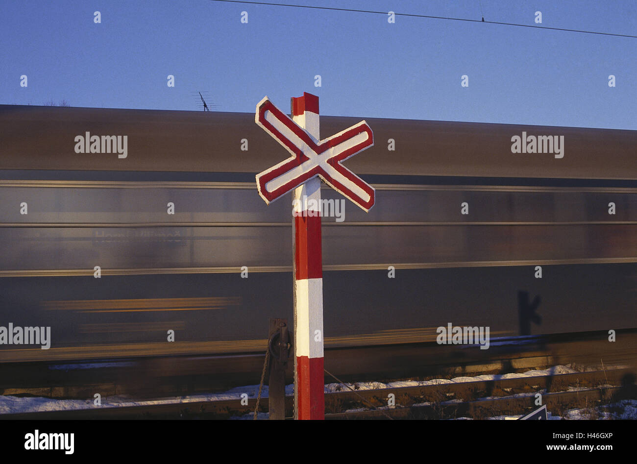 Railway track, train, way through, traffic sign, blur Stock Photo - Alamy