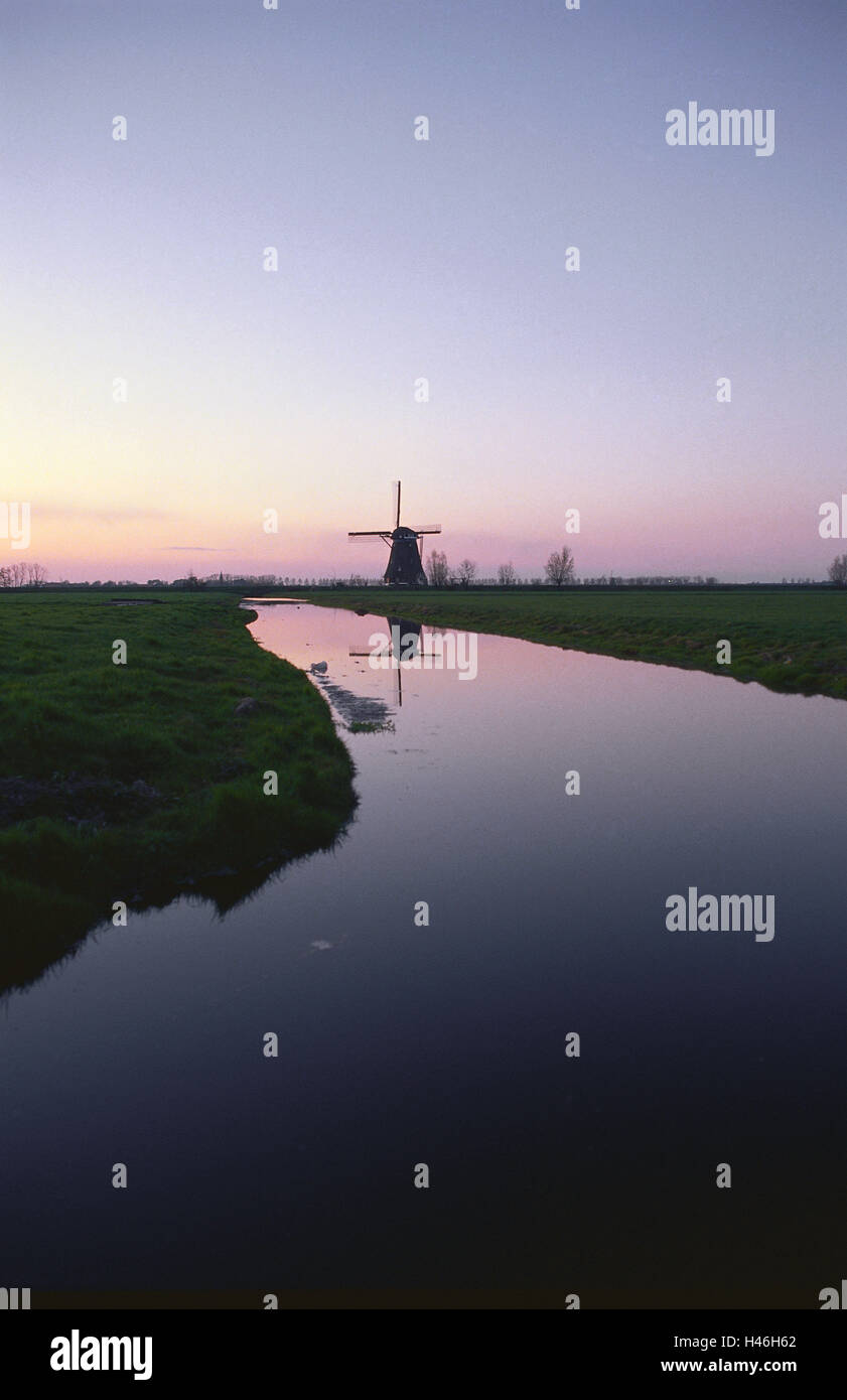 The Netherlands, scenery, channel, windmill, silhouette, evening ...