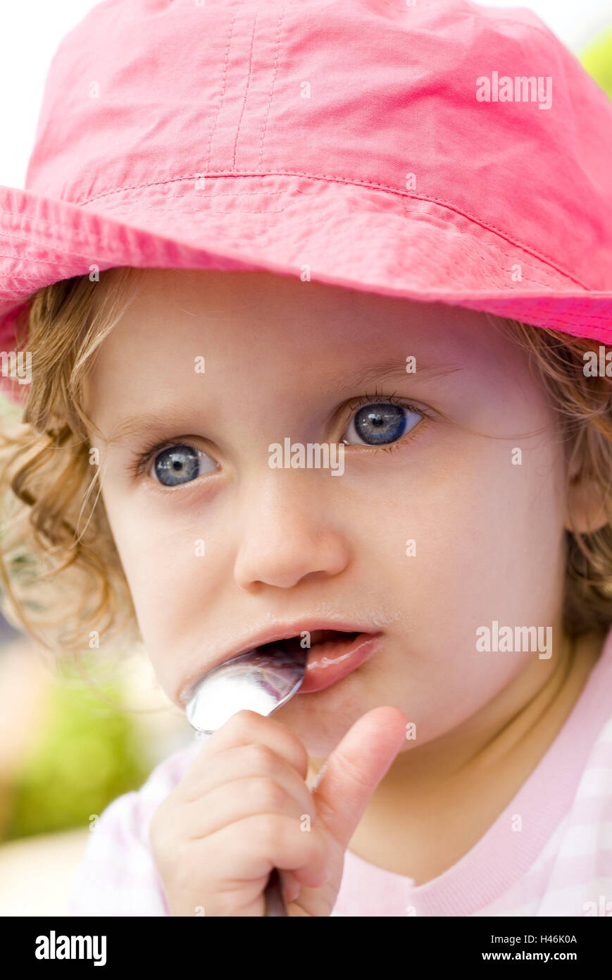 Infant, girl, blond, care, seriously, spoon, chew, portrait, summer ...