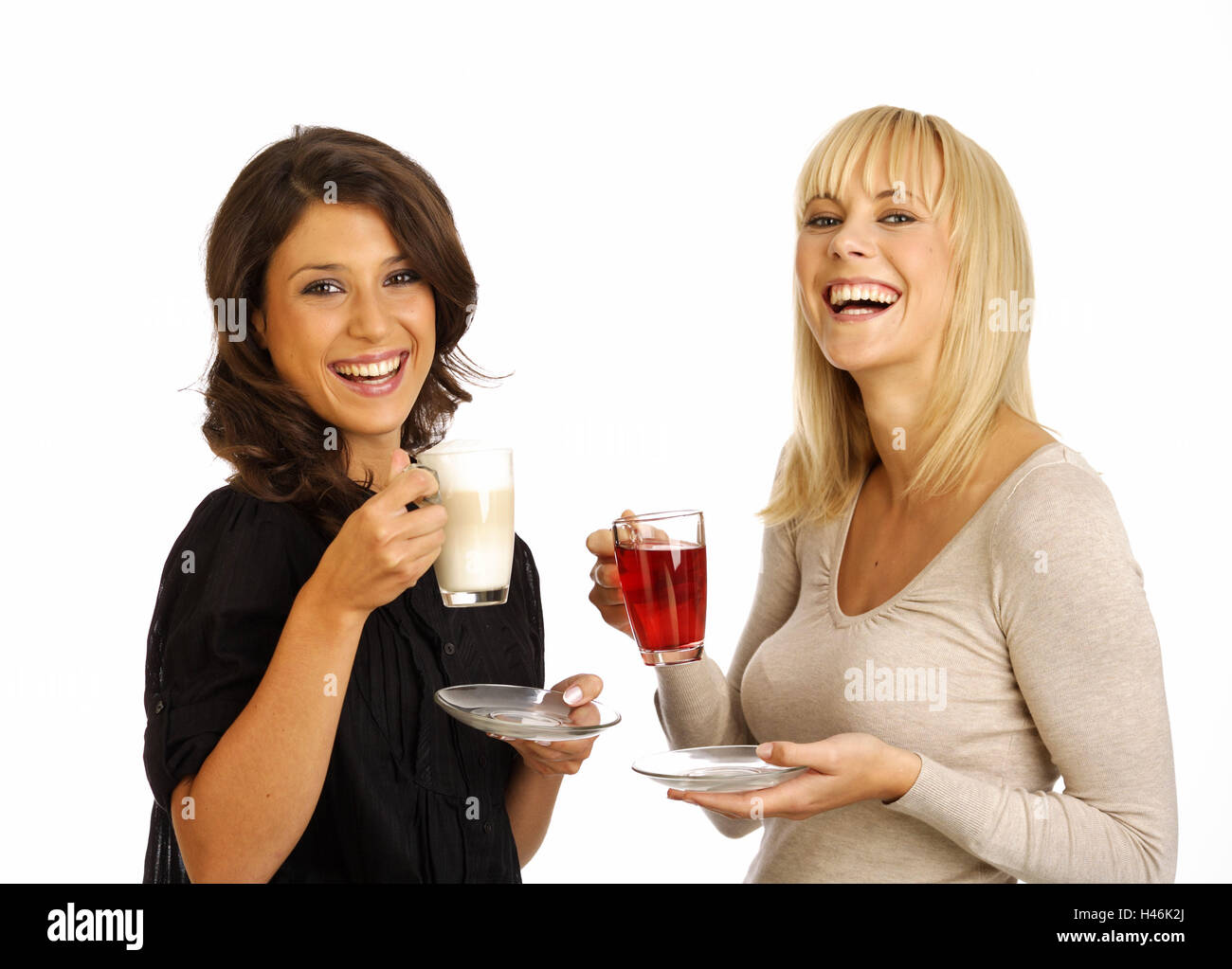 Women, two, young, view camera, Latte Macchiato, tea, drink, portrait ...