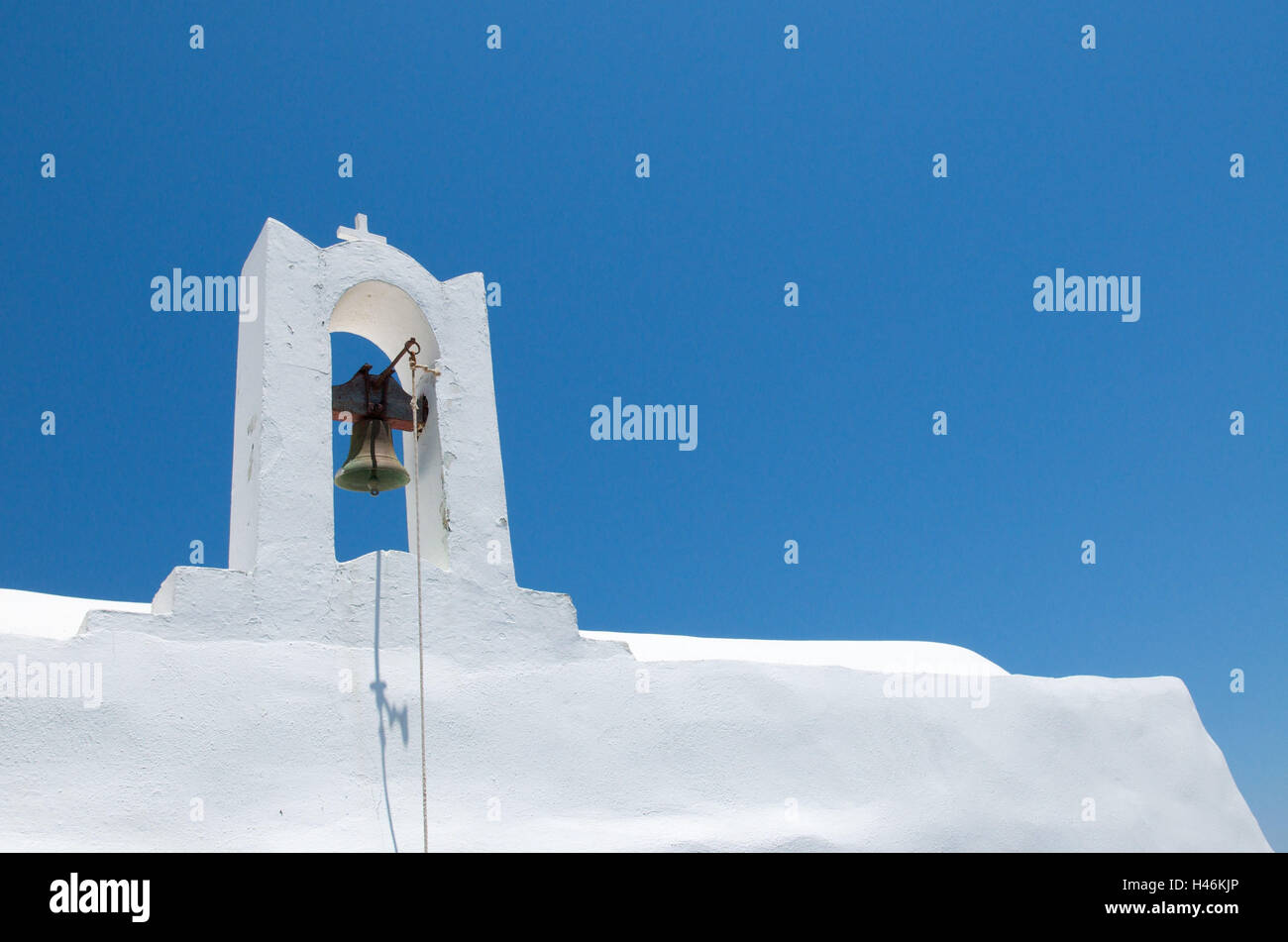 Chapel, bell tower, blue sky, near Chrisopigi, island Sifnos, Greece ...